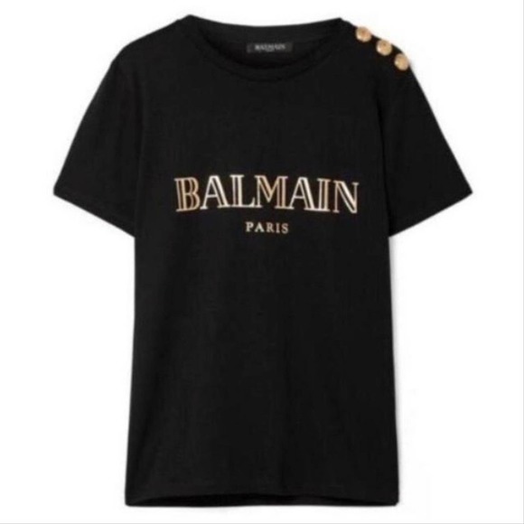 Balmain | Tops | Balmain Metallic Logo Printed Button Embellished Tee ...
